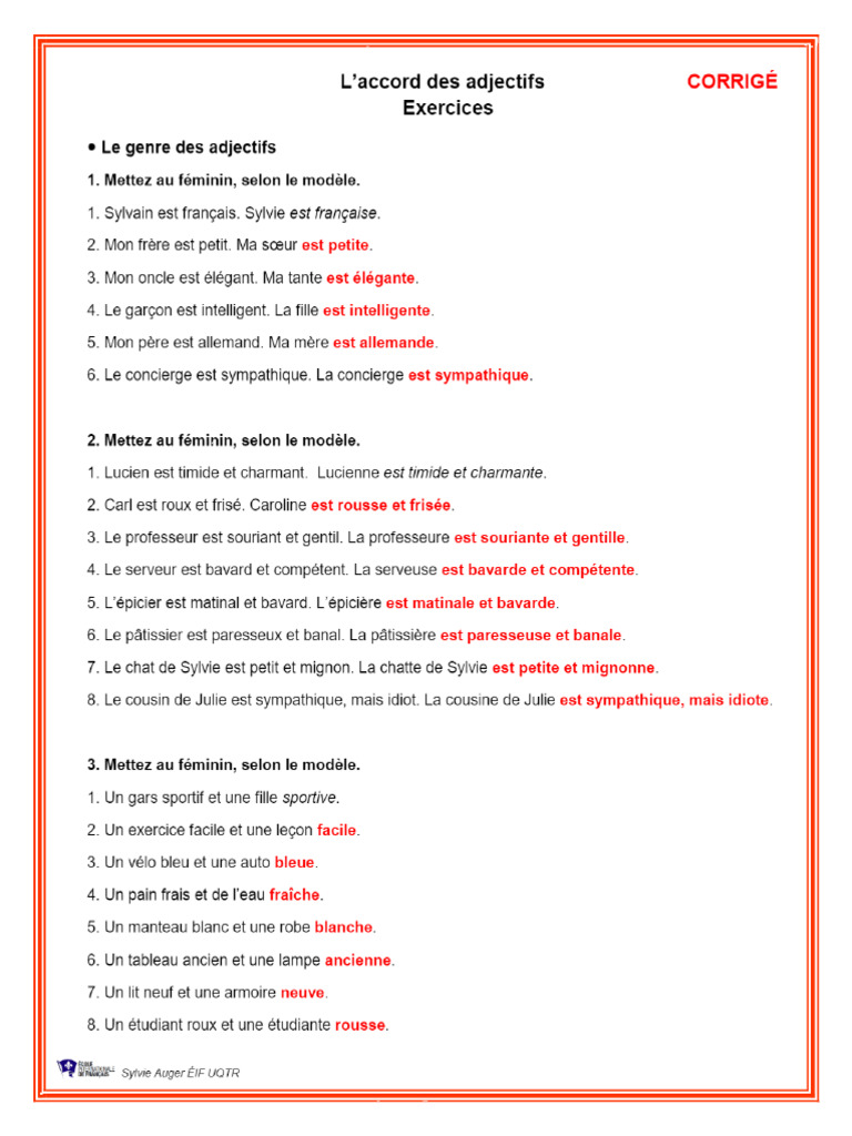 L'accord Des Adjectifs (Corrigés) | PDF