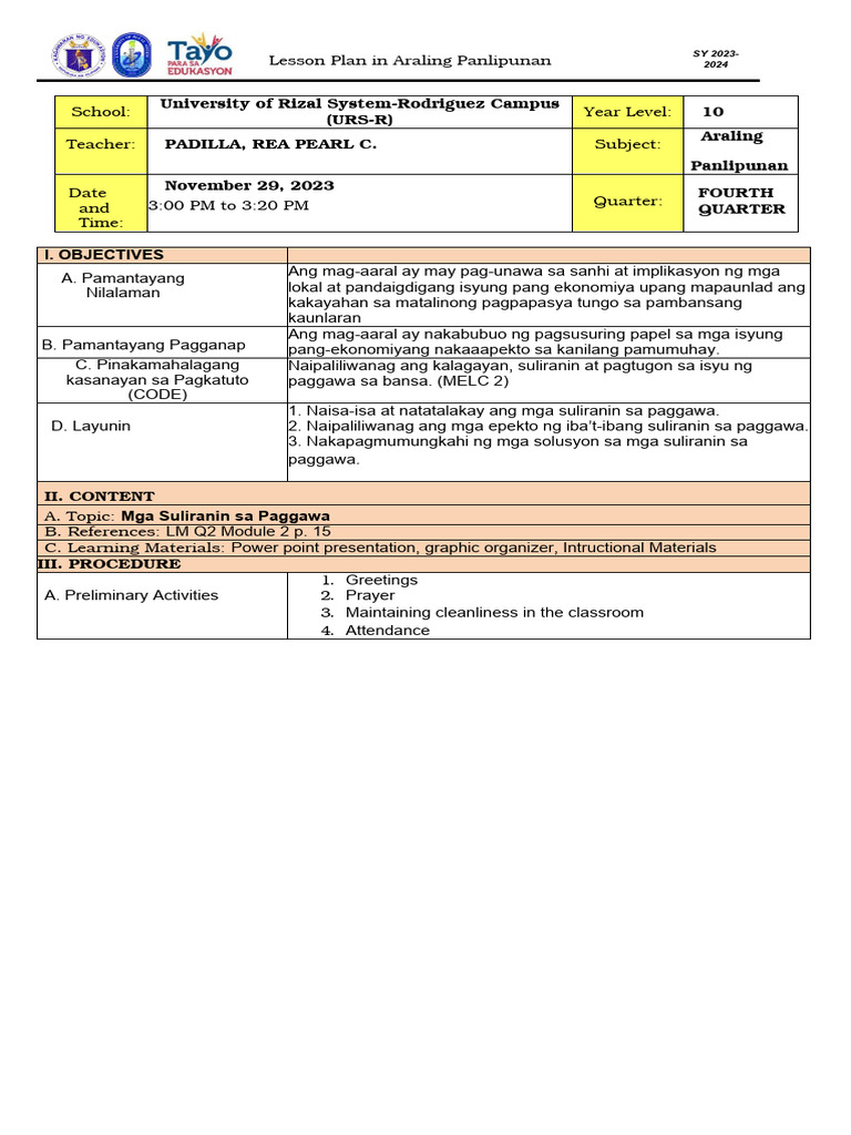 Lesson Plan Format Kay Maam Calanasan | PDF