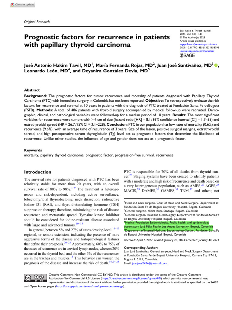 Prognostic Factors For Recurrence in Patients With Papillary Thyroid ...
