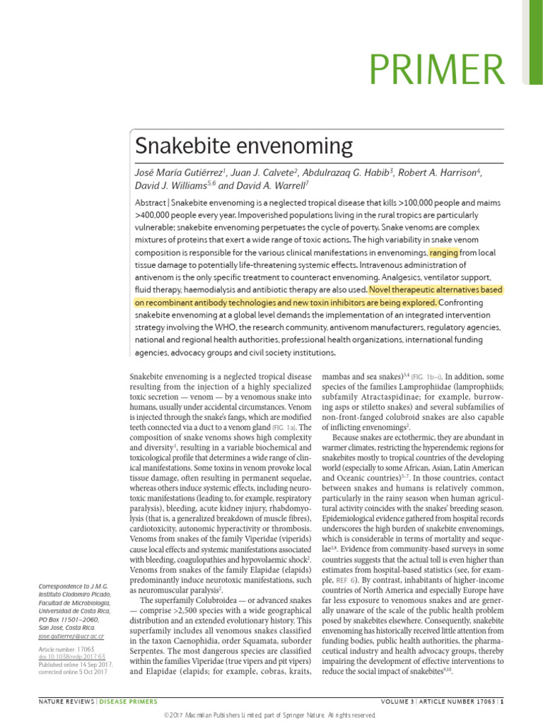 2017 NatureDiseasePrimers Snakebite Envenoming | PDF | Causes Of Death ...