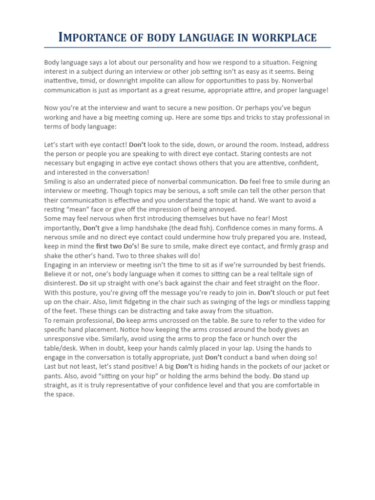 Importance of Body Language in Workplace | PDF | Body Language | Nonverbal Communication