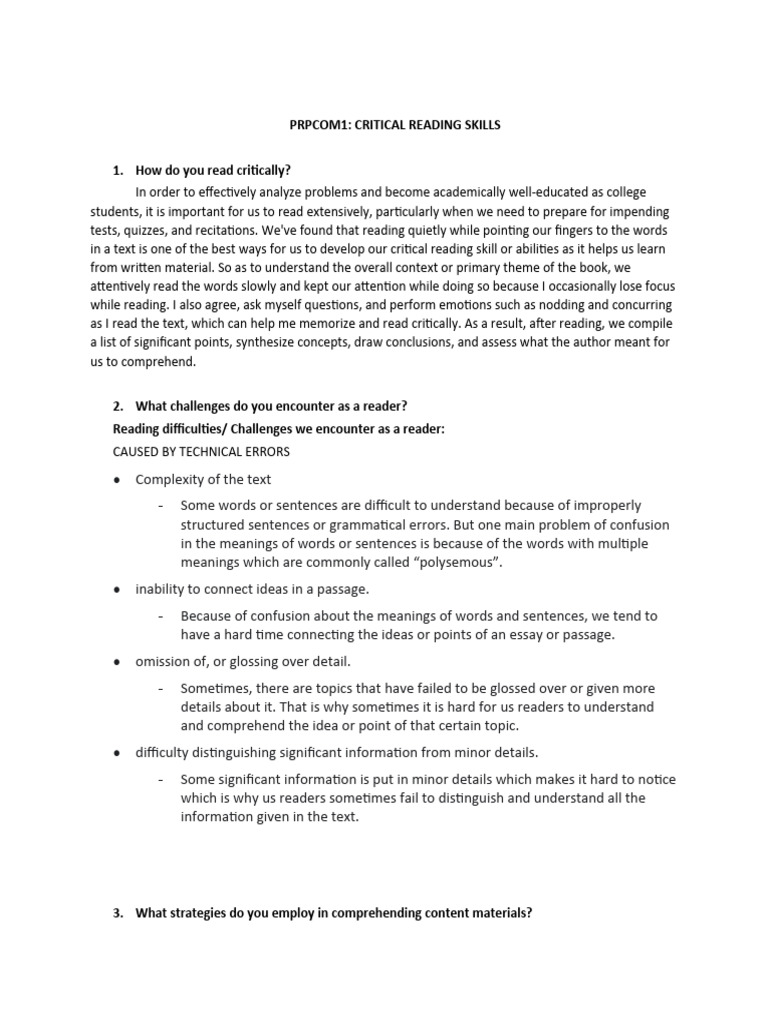 Critical Reading Skills | PDF | Psychology | Communication