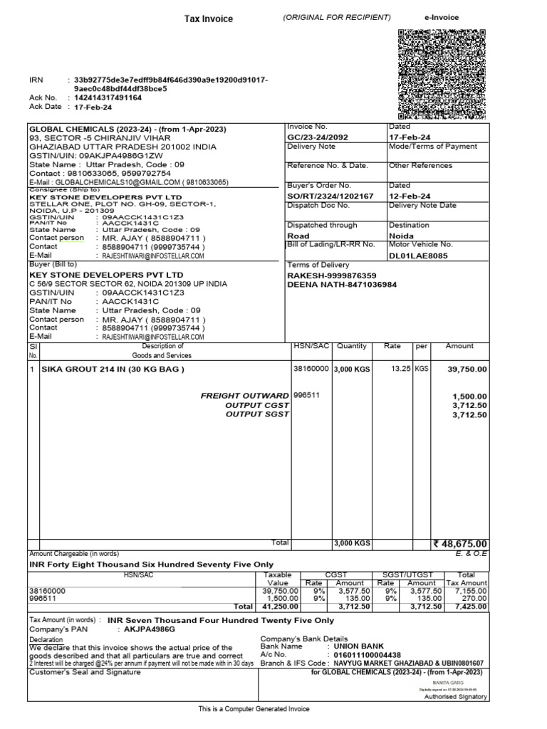 Tax Invoice for Global Chemicals 2023-24 | PDF | Invoice | Signature