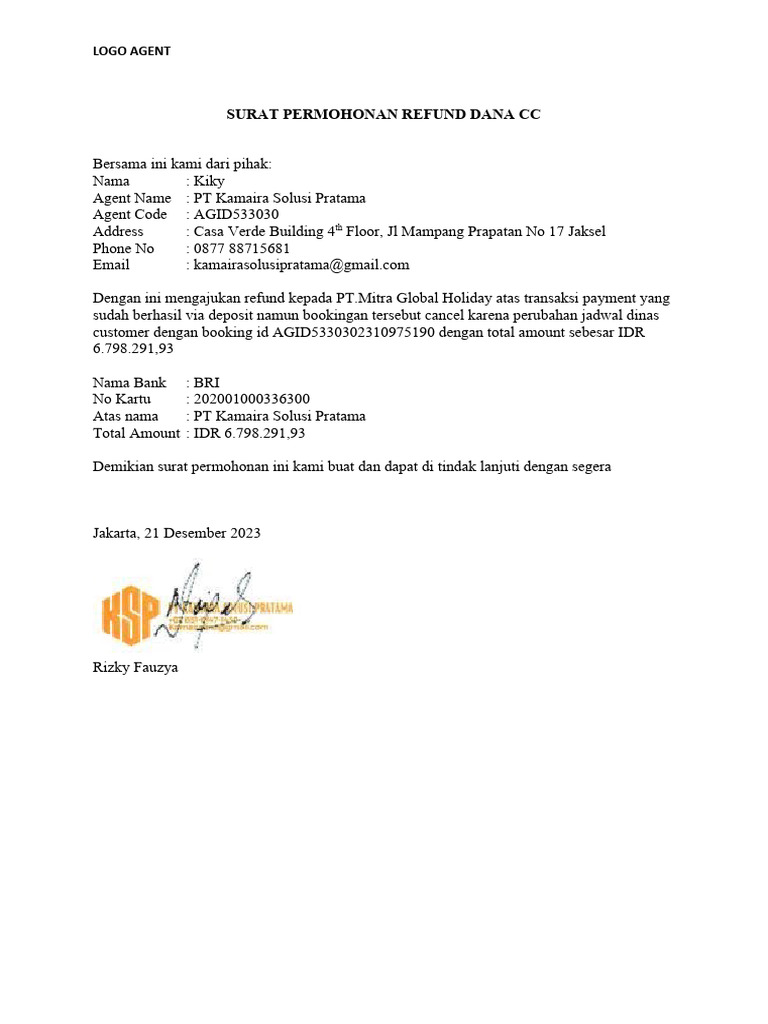 Format Surat Permohonan Refund Dana MG | PDF
