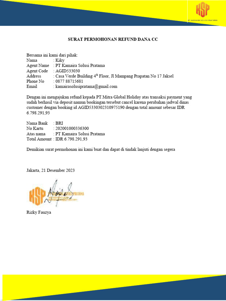 Surat Permohonan Refund | PDF | Bisnis | Pengelolaan Keuangan & Uang