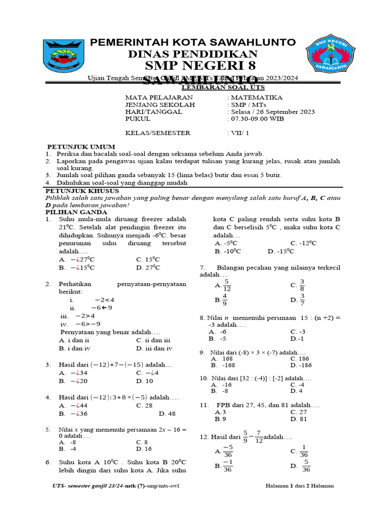 Uts Semester 1 MTK Kelas 7 | PDF