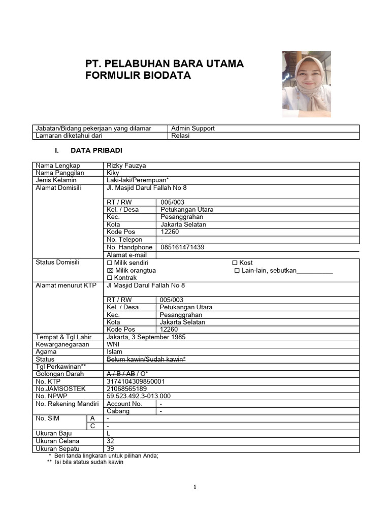 Biodata Lamaran Kerja Rizky Fauzya | PDF