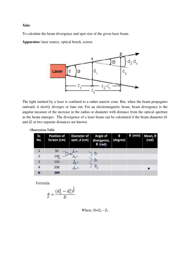 To Determine Divergence of Laser Beam | PDF