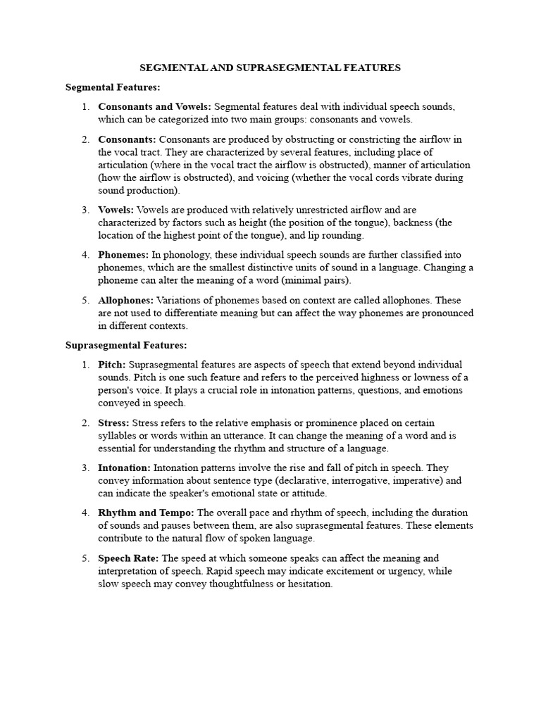 Segmental and Suprasegmental Features | PDF | Speech | Phoneme