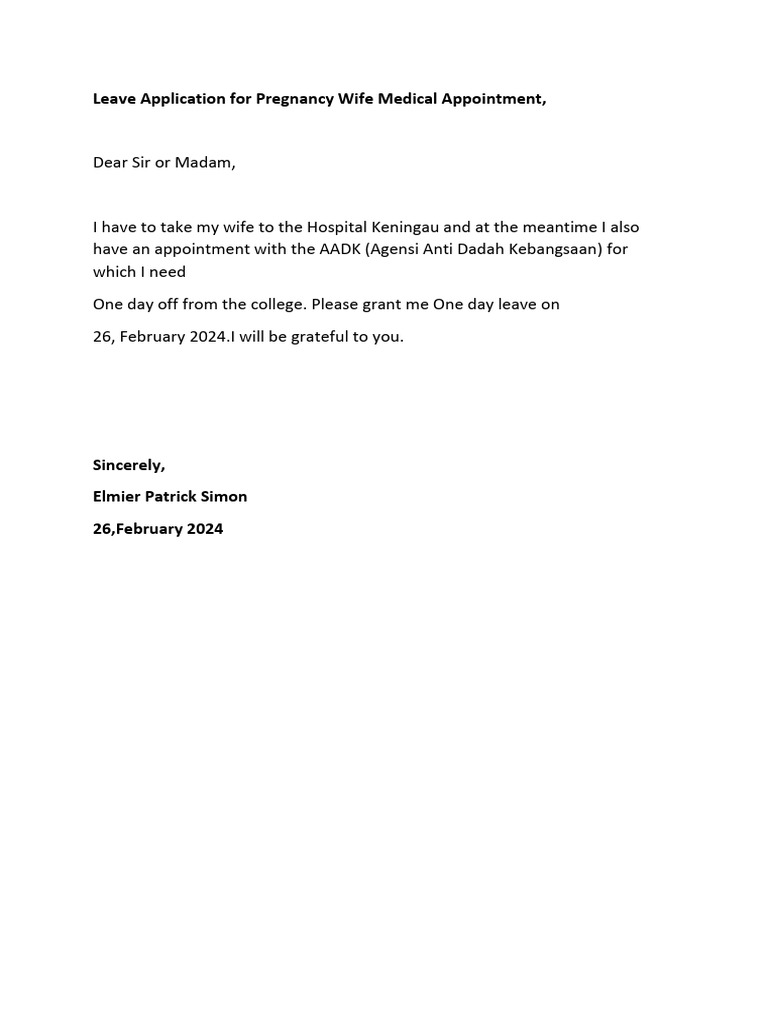 Leave Application For Pregnancy Wife Medical Appointment | PDF
