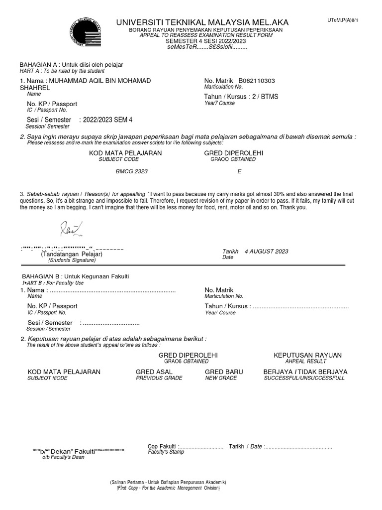 Borang Rayuan Semakan Peperiksaan Dwi | PDF | Student Assessment And ...