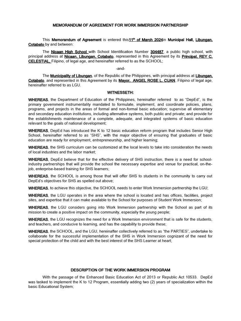 Memorandum o Agreement For Work Immersion Partnership | PDF | Employment