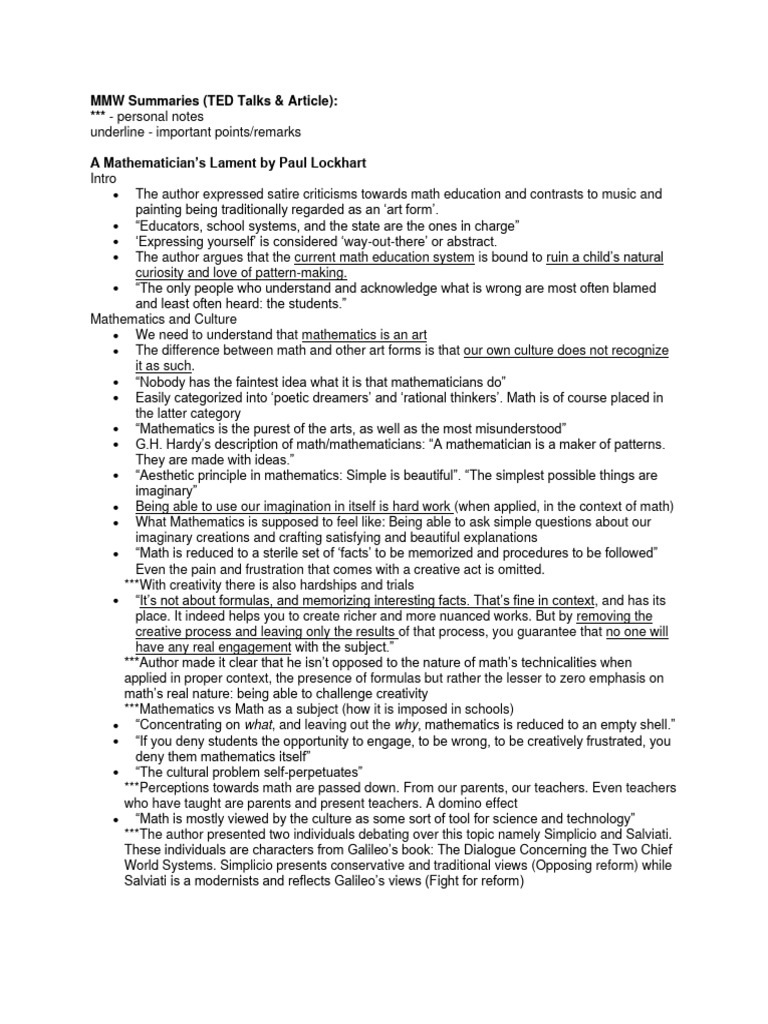 MMW A Mathematician's Lament and TED Talks Summary | PDF | Mathematics ... MMW A Mathematician's Lament and TED Talks Summary | PDF | Mathematics ...