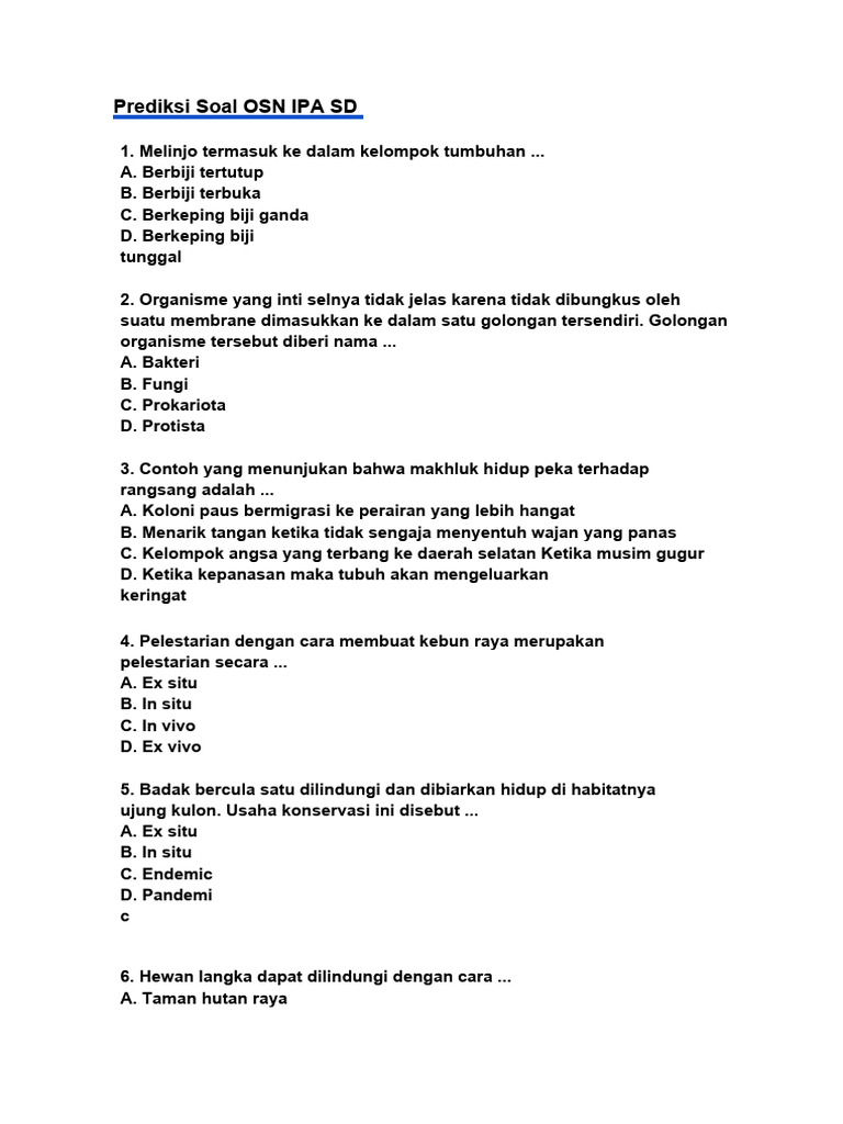 Contoh Soal OSN IPA SD & Kunci Jawabannya | PDF | Sains & Matematika