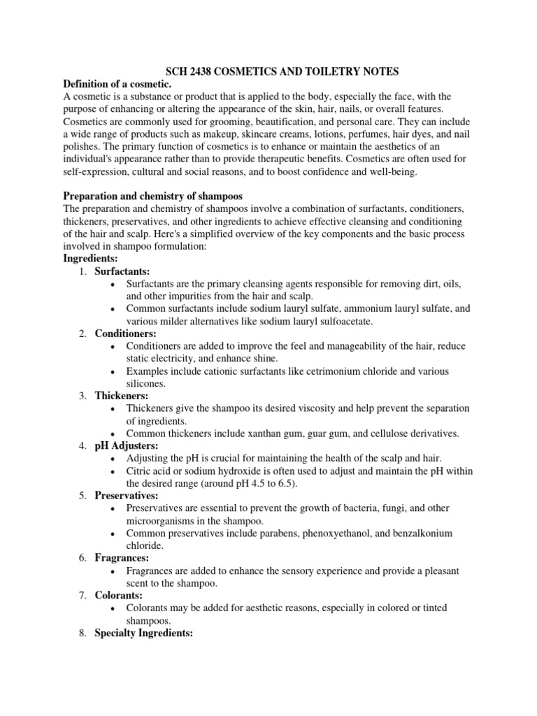 SCH 2438 Cosmetics and Toiletry Notes | PDF | Shampoo | Skin Care