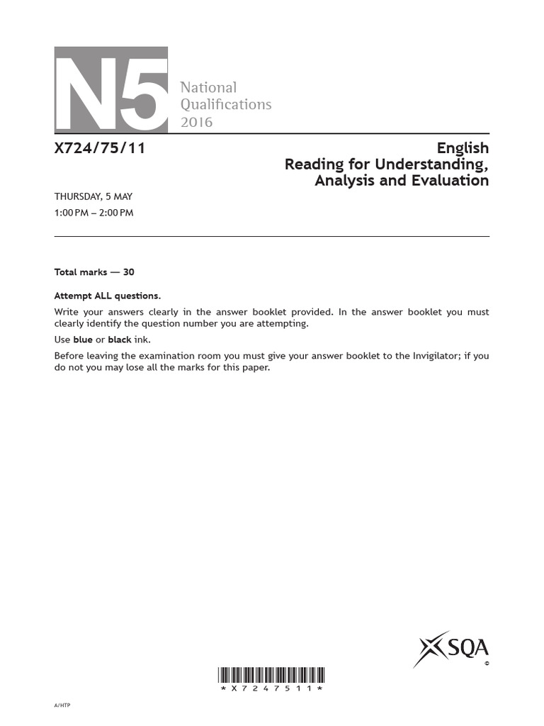 Sqa National 5 English Paper 1 Question Paper May 2016 | PDF