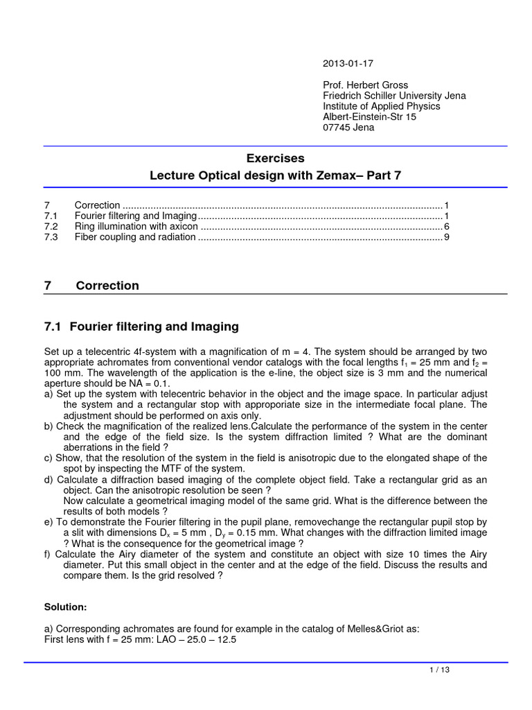 Optical Design with Zemax Exercises | PDF | Angular Resolution | Optics