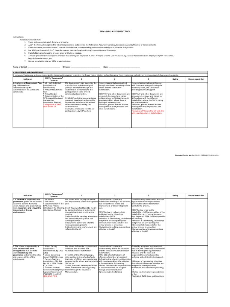 SBM-WINS Assessment Tool Guide | PDF | Learning | Cognitive Science