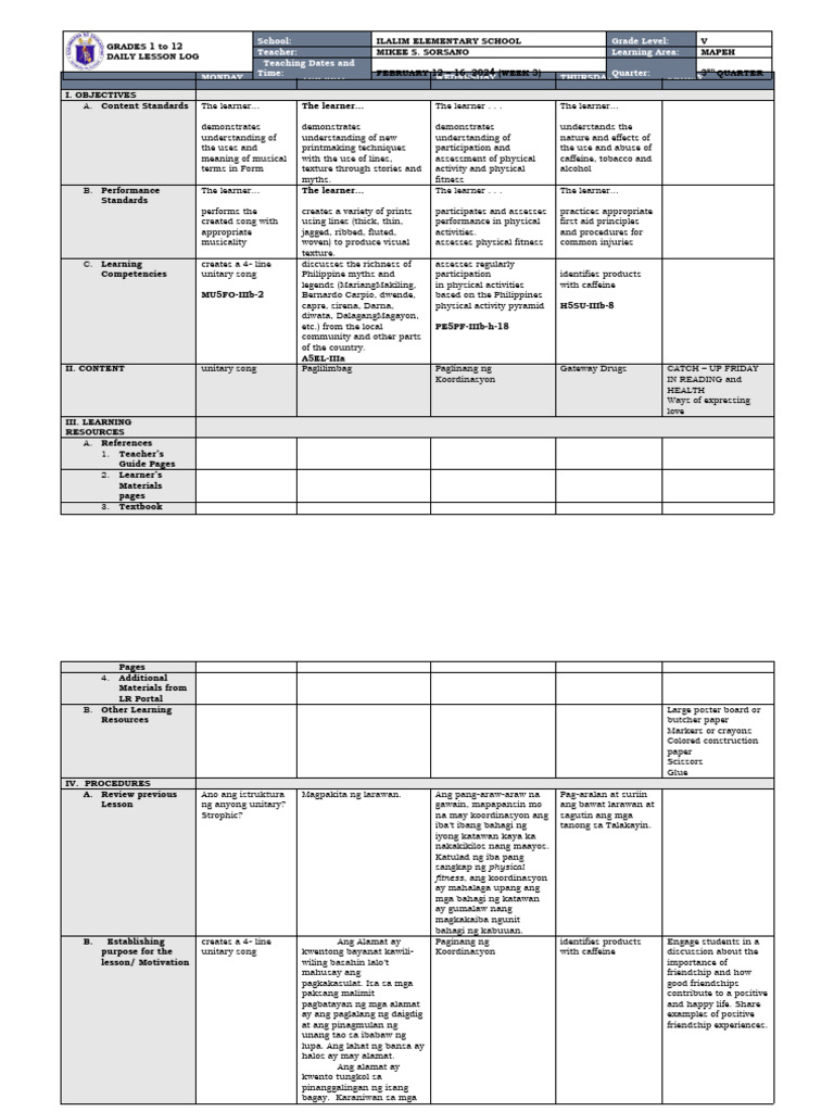 DLL Mapeh-5 Q3 W3 | PDF | Learning | Behavior Modification