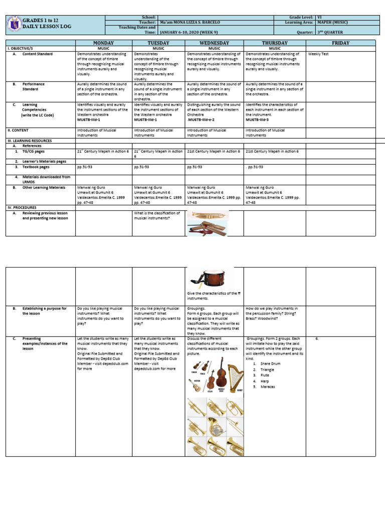 DLL - Mapeh 6 - Q3 - W9 | PDF