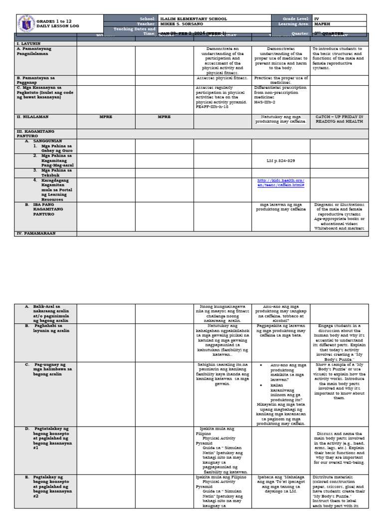 DLL Mapeh-4 Q3 W1 | PDF