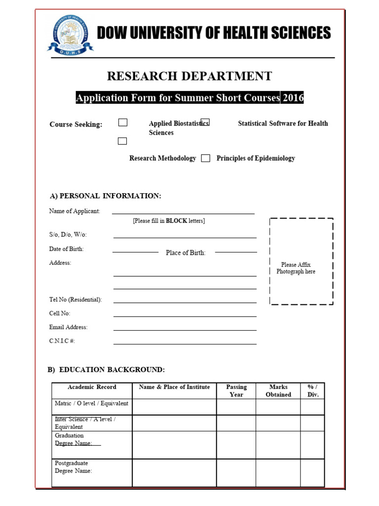 DUHS Summer Short Courses Application Form | PDF | Academic Degree