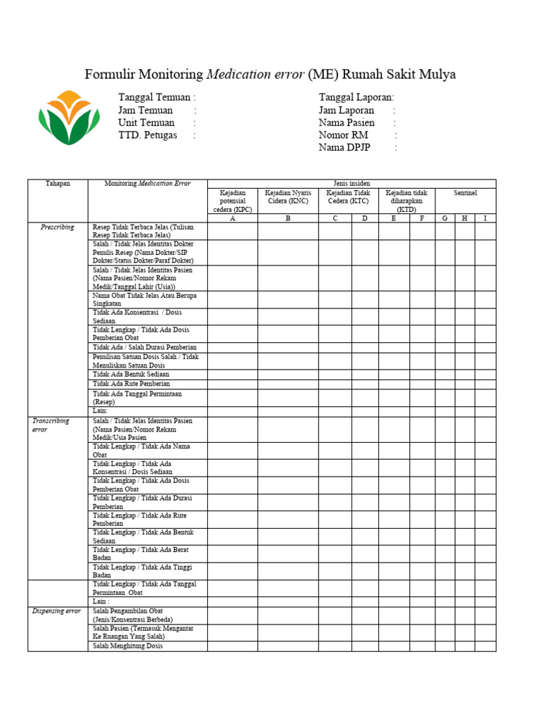 Formulir Monitoring Medication Error | PDF