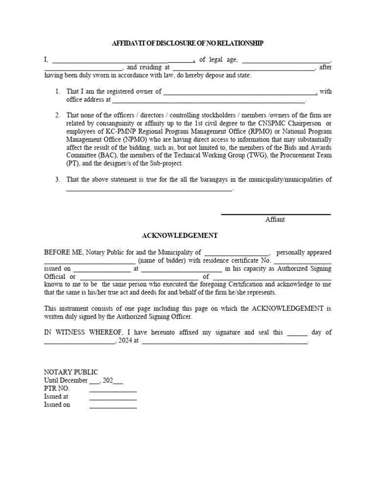 Affidavit of No Relationship Sample | PDF | Affidavit | Civil Law ...