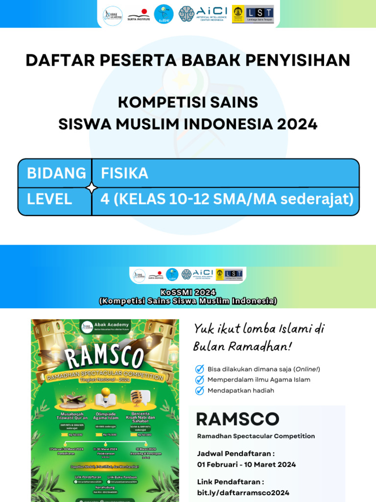 Daftar Peserta KoSSMI Level 4 (Kelas 10-12 SMA - MA) Bidang Fisika | PDF