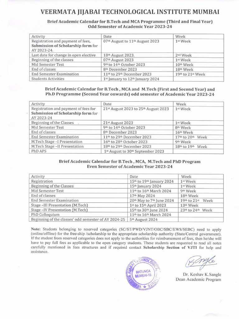 Brief Academic Calendar For Academic Year 2023 24 UG PG MCA and PHD ...