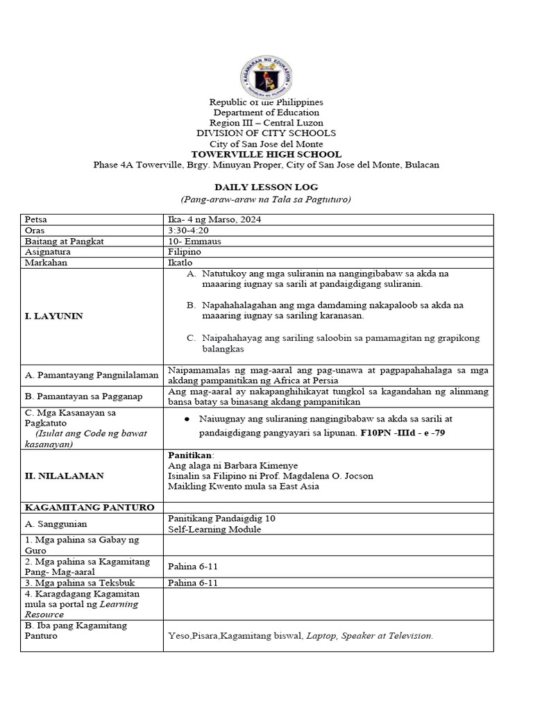 DAILY LESSON PLAN FILIPINO For Observation | PDF