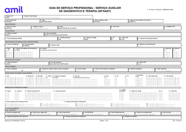 Guia de Serviço SADT Amil 2024 | PDF
