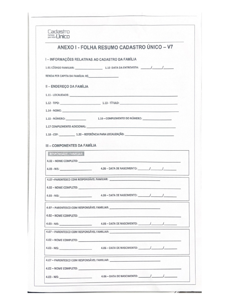 Anexo I - Folha Resumo Cadastro Único - V7 | PDF