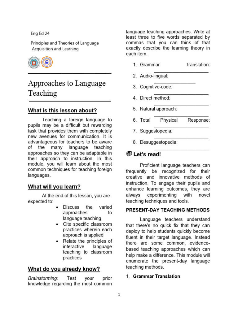 MODULE 6 Approaches To Language Teaching | PDF | Language Education | Psycholinguistics