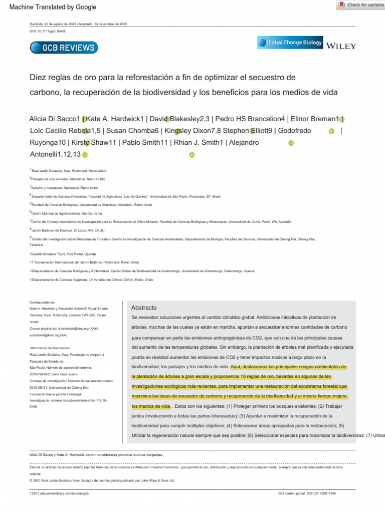 2021 Sacco Ten Golden Rules Reforestation Carbon Sequestration Biodiversity Esp | PDF