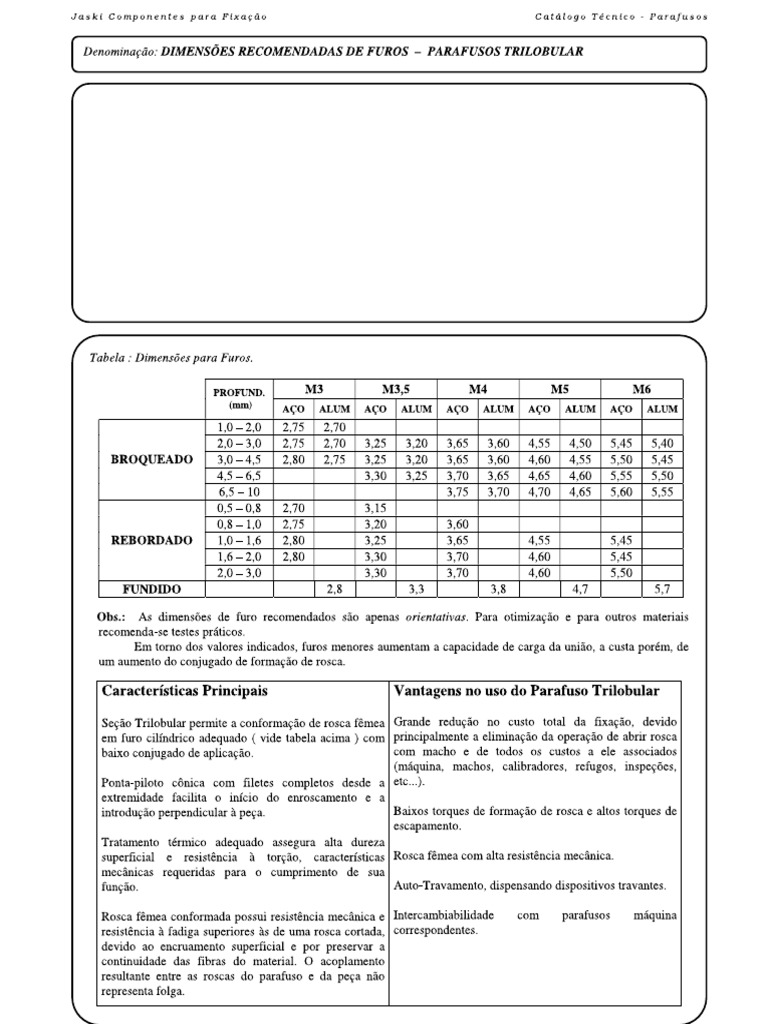 Dimensões Recomendadas de Furos - Parafusos Trilobular | PDF