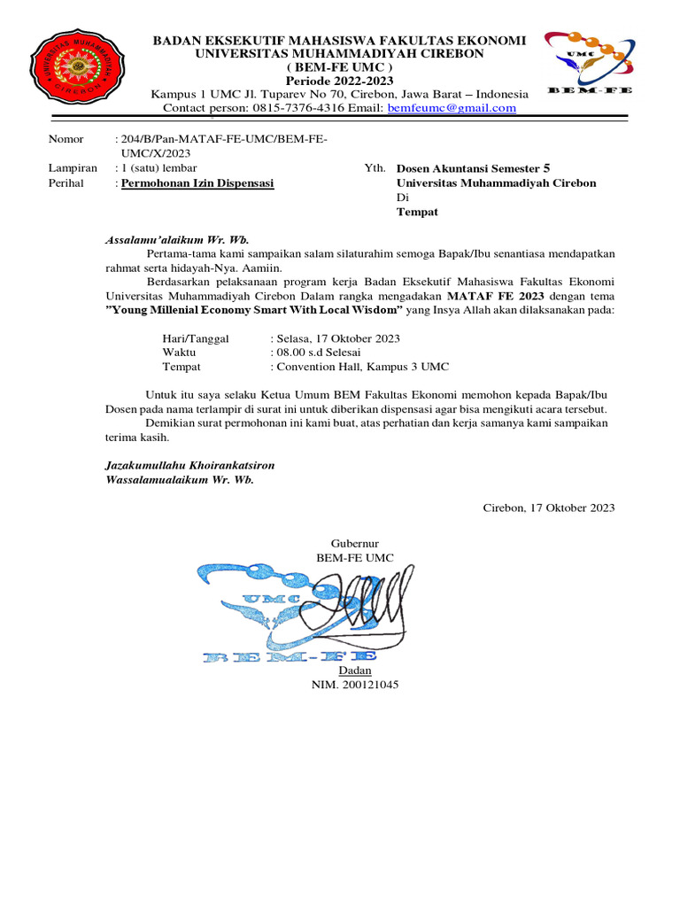 Surat Dispensasi Mataf FE Rev | PDF