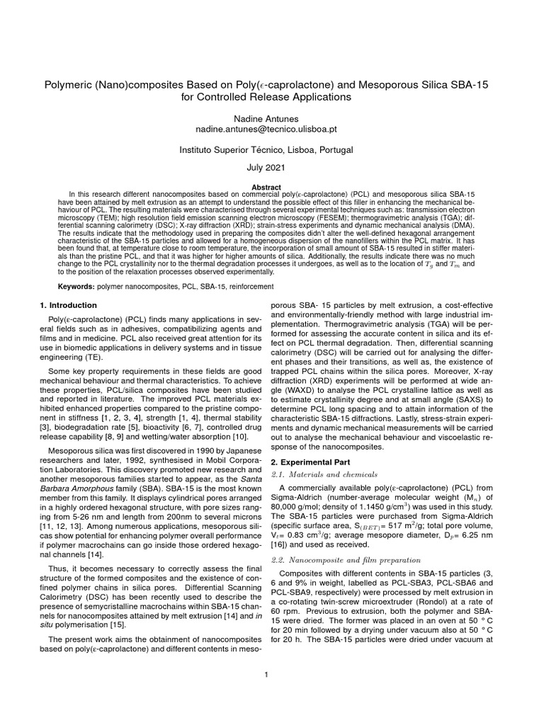 Polymeric Nano Composites Based On Poly ε Caprolactone And Mesoporous Silica Sba 15 For