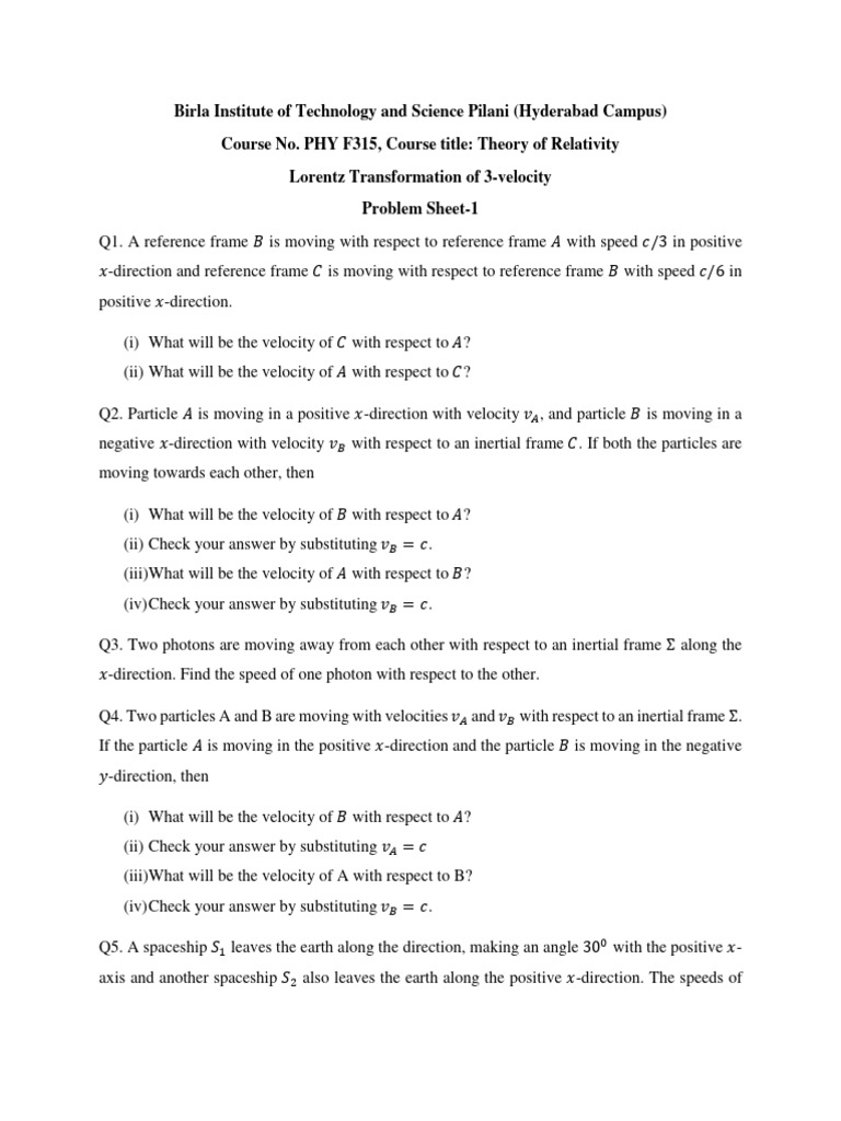 Special Relativiy Problem Sheet | PDF | Special Relativity | Velocity
