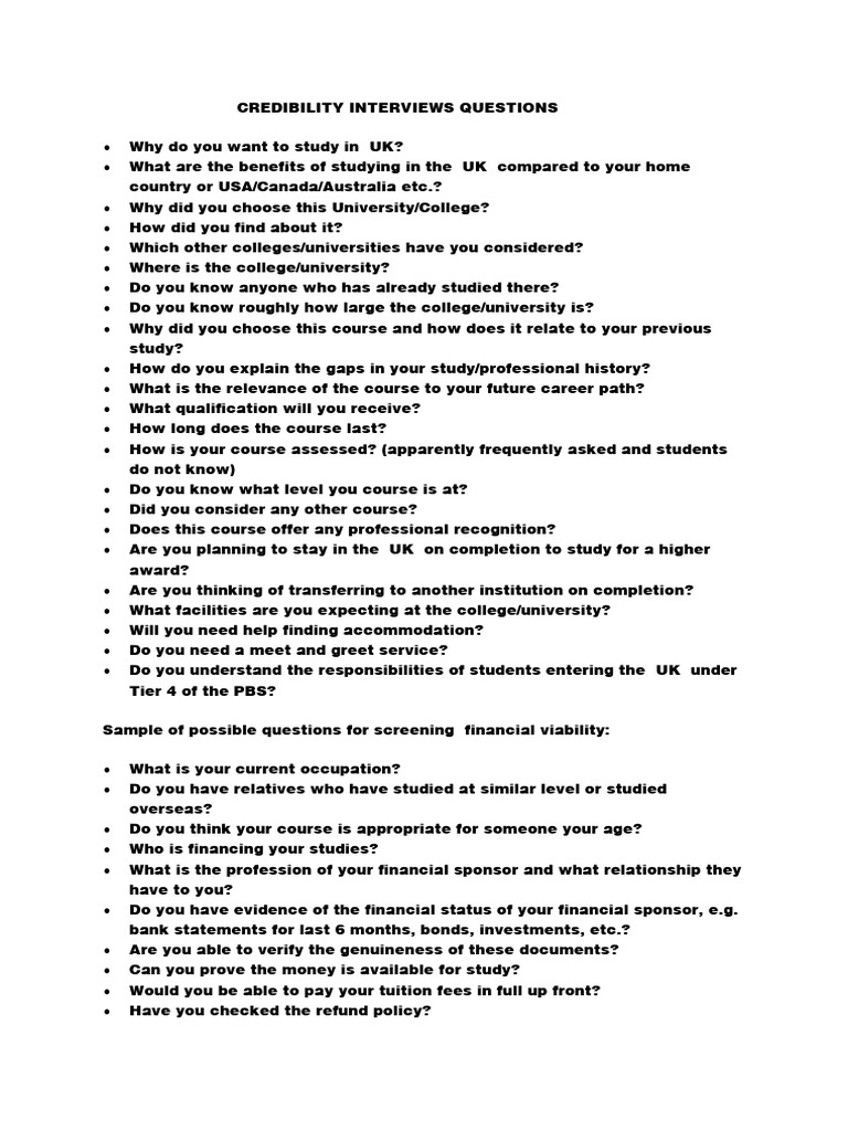 Credibility Interviews Questions - Uk | PDF | University | College