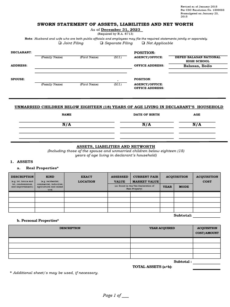 Saln 2023 | Download Free PDF | Net Worth | Private Law