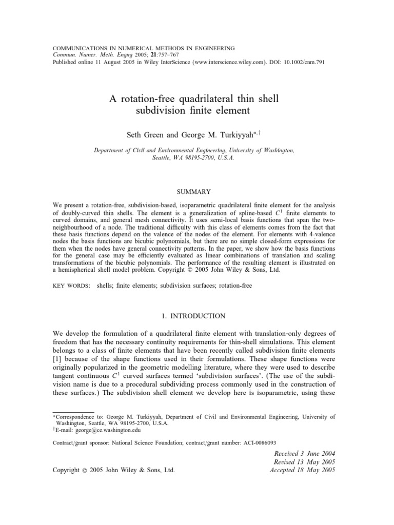 A Rotation-Free Quadrilateral Thin Shell Subdivision Finite Element | PDF | Derivative | Basis ...