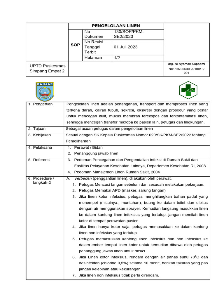 Sop Pengelolaan Linen | PDF
