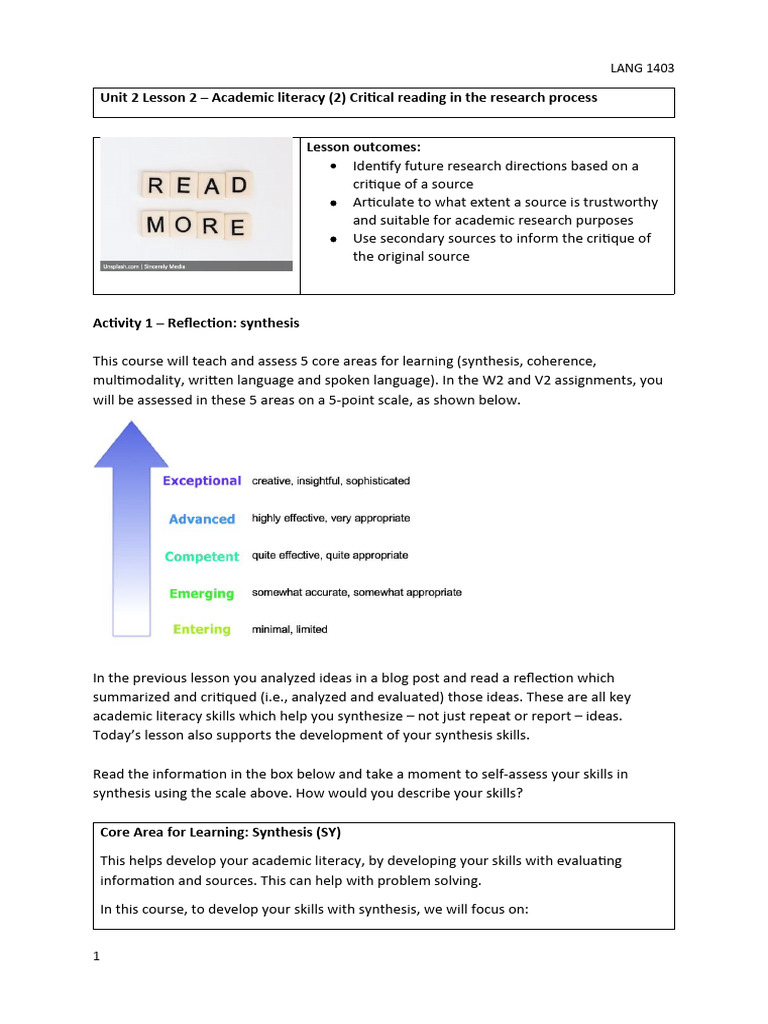 U2L2 SN - Academic Literacy (2) Critical Reading in The Research ...