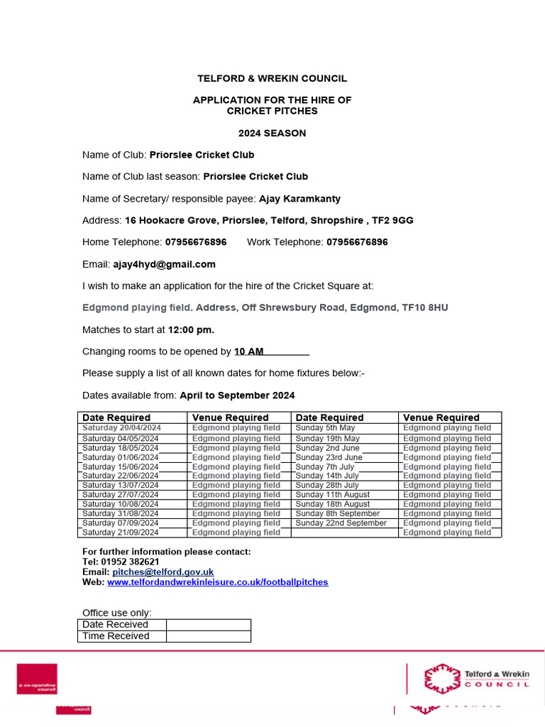 Cricket Pitch Hire Application 2024 | PDF