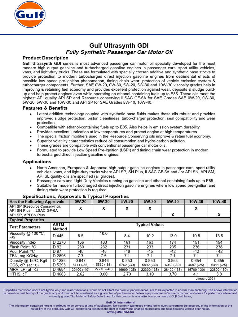 Gulf Ultrasynth GDI: Advanced Synthetic Motor Oil | PDF | Motor Oil ...