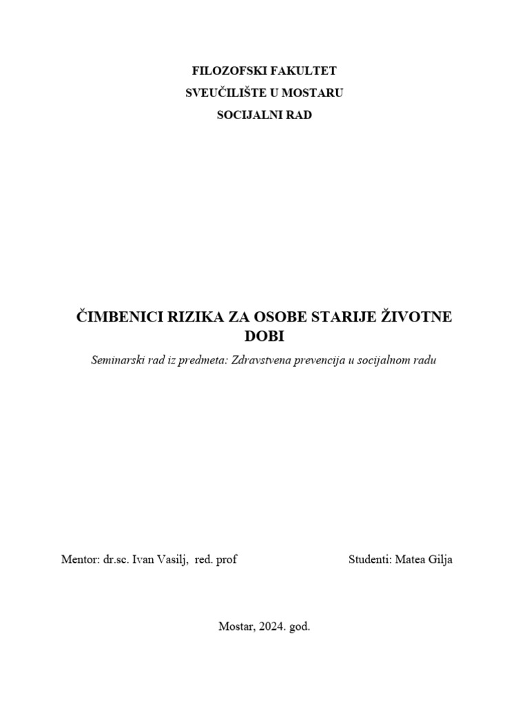 Cimbenici Rizika Za Osobe Starije Zivotne Dobi | PDF