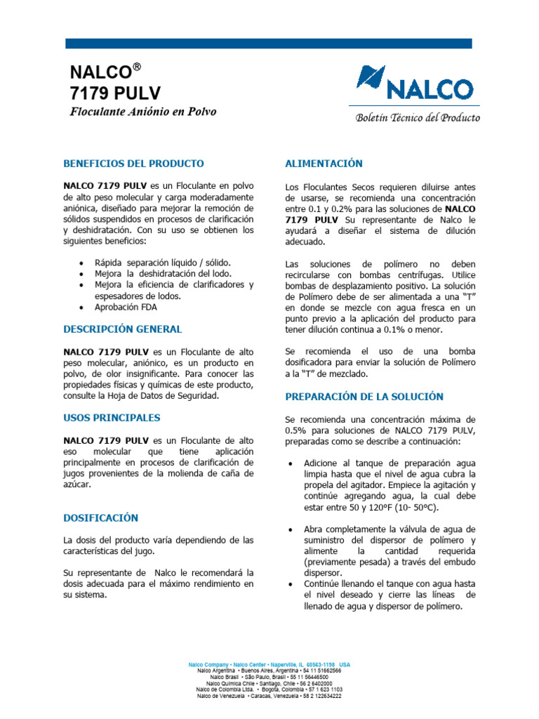 Floculante NALCO 7179 PULV: Guía Técnica | PDF