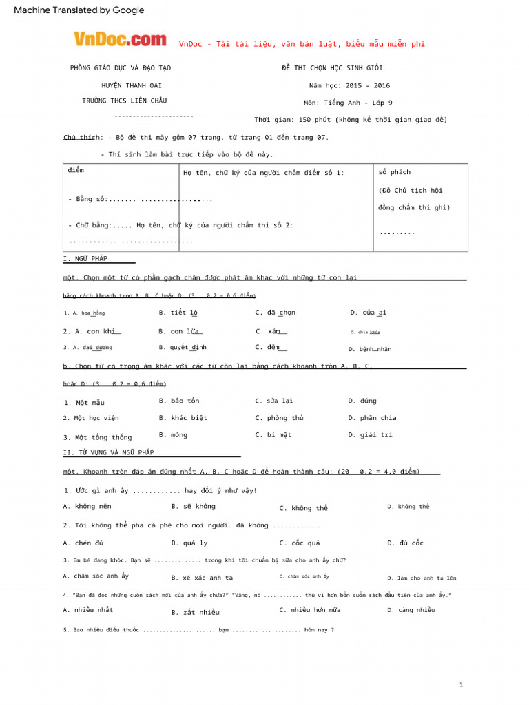 De Thi Chon Hoc Sinh Gioi Mon Tieng Anh Lop 9 Truong Thcs Lien Chau Ha Noi Nam Hoc 2015 2016 | PDF