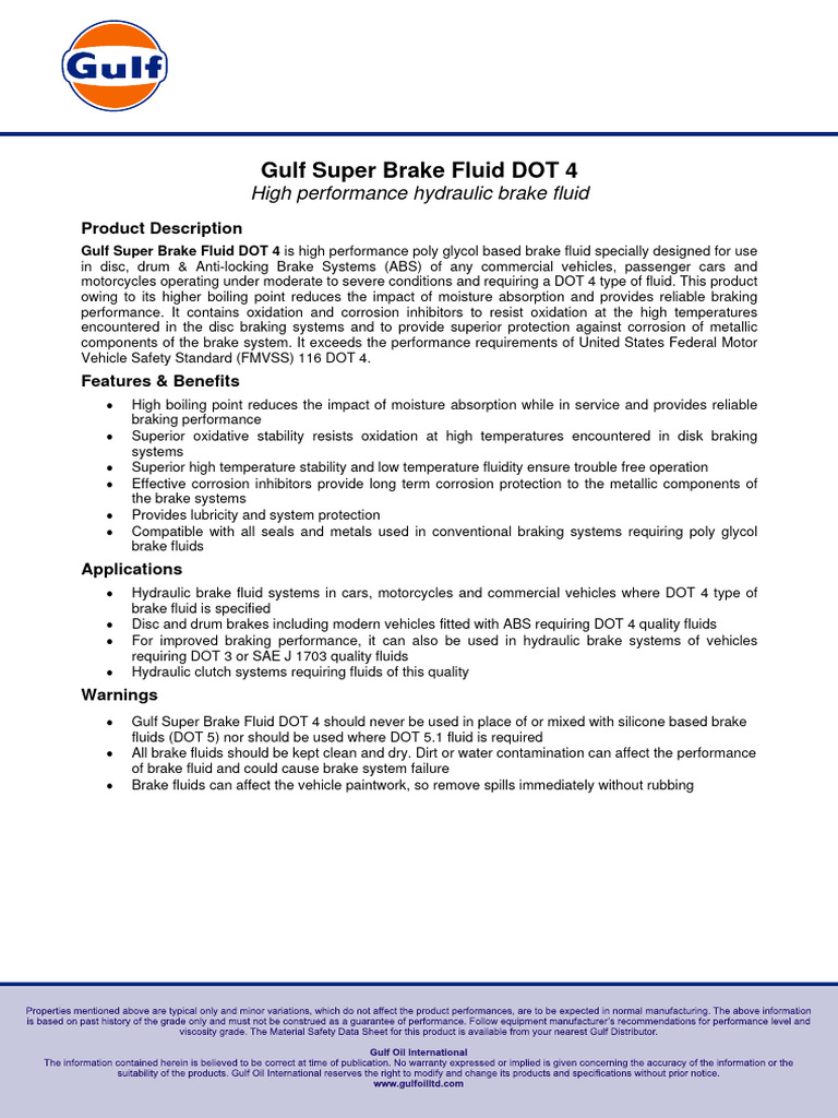 Gulf Super Brake Fluid DOT 4 | PDF | Mechanical Engineering | Vehicle ...